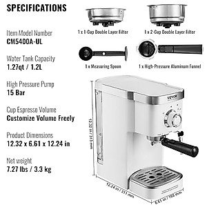 VEVOR Espresso Coffee Machine, 15Bar Semi-Automatic Espresso Maker with Milk Frother Steam Wand, Professional Cappuccino Latte Machine with High-Power Boiler & Removable Water Tank, NTC Control System