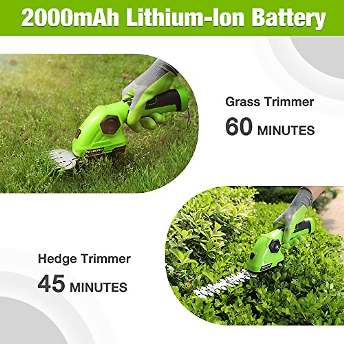WORKPRO Cordless Grass Shear & Shrubbery Trimmer - 2 in 1 Handheld Hedge Trimmer 7.2V Electric Grass Trimmer Hedge Shears/Grass Cutter 2.0Ah Rechargeable Lithium-Ion Battery and USB Cable Included