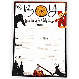 25 Lumberjack Baby Shower Invitations With Envelopes, Deer, Axe & Wood Background. Thick & Non Coated Cardstock For Use With Any Pen.
