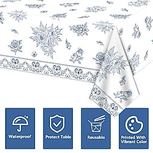 4 Pcs Blue and White Floral Tablecloths, Rectangular Flower Table Cover, Blue White Porcelain Table Cloths for Floral Theme Bridal Baby Shower Wedding Birthday Spring Tea Party Supplies, 51x86 Inch