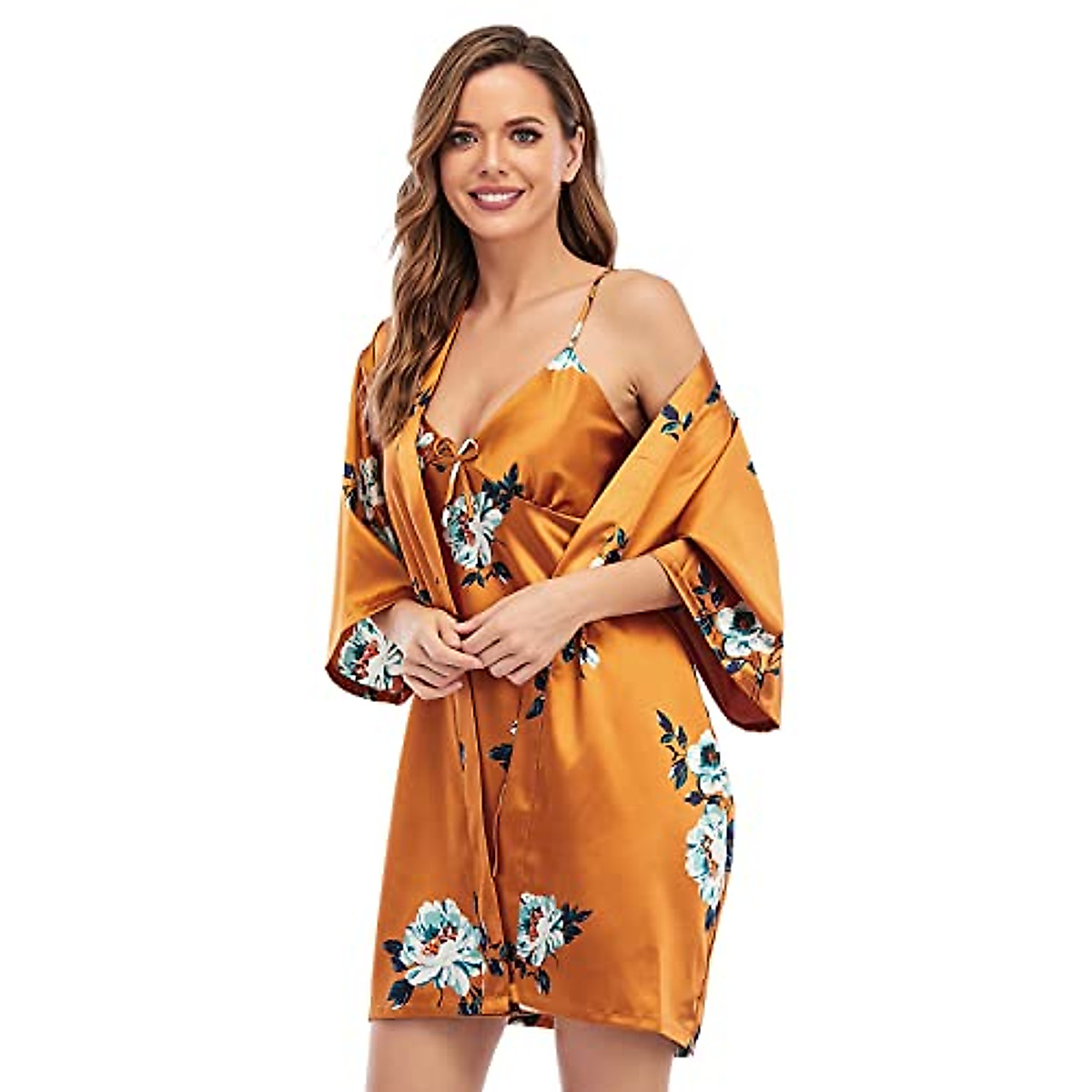 Escalier Women's Silk Satin Pajamas Sets 2Pcs Floral Silky Pj Robe Set with Chemise Nightgown Orange Floral S