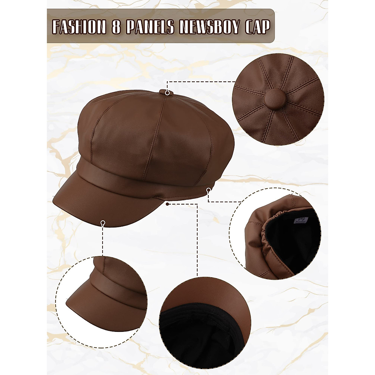 Funtery 3 Pcs Women Newsboy Hats PU Leather Visor Beret Cabbie Hat 8 Panel Vintage Women Fiddler Cap Faux Leather Baker Hat(Khaki, Red, Black)