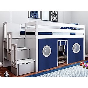 JACKPOT! Contemporary Low Loft Bed with Stairway, Twin, White with Blue & White Tent