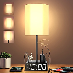 Table Lamp with Alarm Clock, Charging Station, USB C & A, AC Outlet Ports, Speakers, Radio FM - Power Outlet with Touch Control 3-Way Dimmable Nightstand Lamp for Kids Study Room, Bedroom