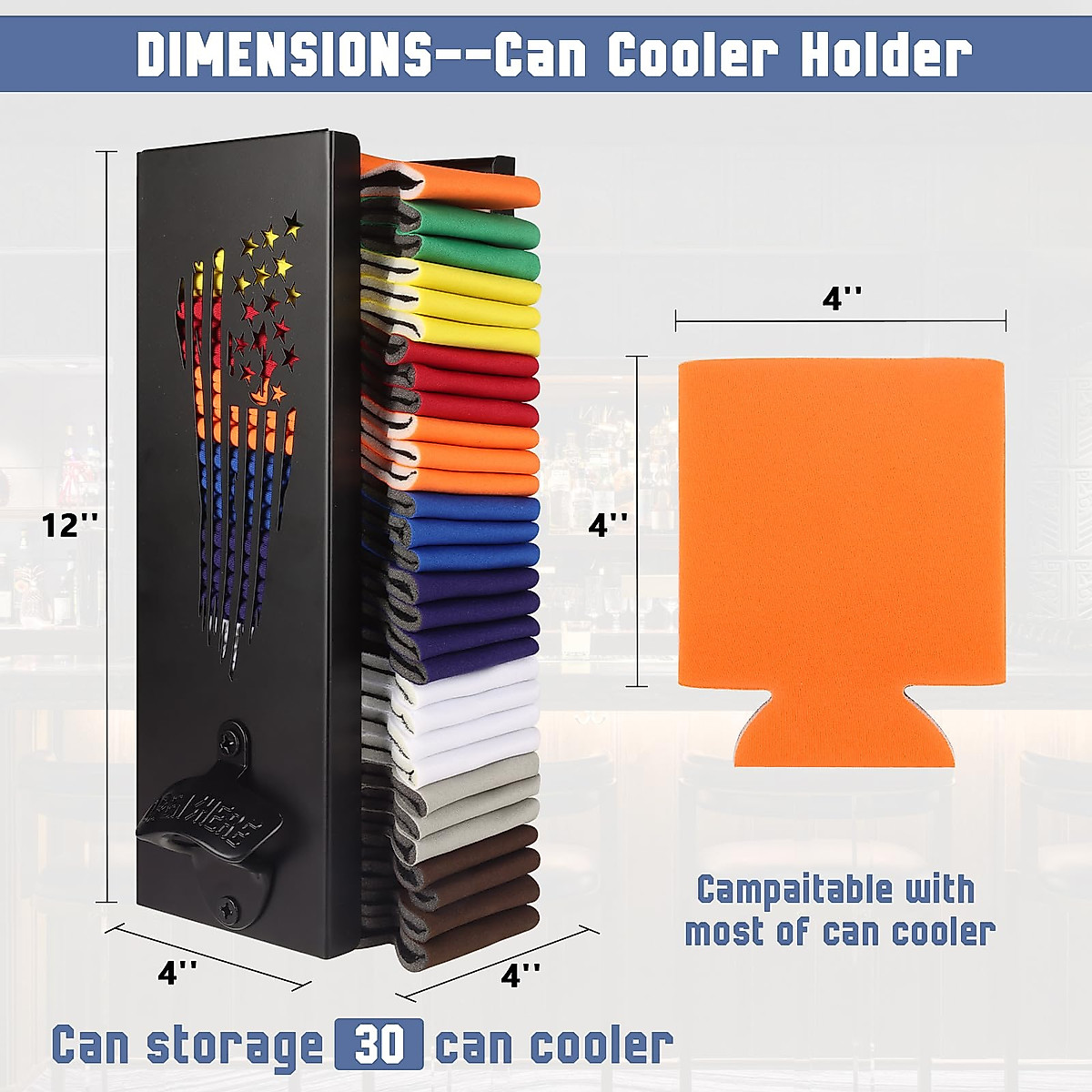 CRAKTH 2 in 1 Can Cooler Holder with Bottle Opener, Beer Can Sleeves Storage Organizer and Dispenser for Home Family Bar, Metal, 12", Black