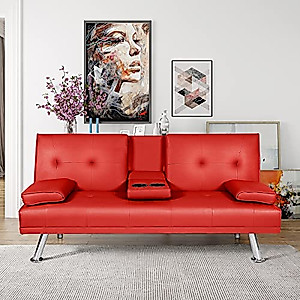 AWQM Faux Leather Futon Sofa Bed Upholstered Modern Convertible Sofa Bed Small Couch Bed Adjustable Couch Sleeper for Compact Living Space, Removable Armrests, Metal Legs, 2 Cupholders, Red