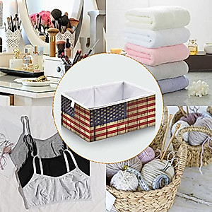 QUGRL Grunge American Flag Cube Storage Bins Organizer Stackable Usa Wood Clothes Storage Basket Box for Shelves Closet Cabinet Office Dorm Bedroom 11x11 in