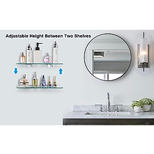 Koilria Glass Shelves, Glass Shower Shelves for Bathroom Tempered Glass Floating Shelves for Wall with Aluminum Brackets, 2 Tiers, 15 x 5 Inches, Drill or No Drill Install