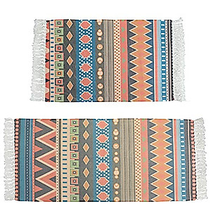 ABREEZE Cotton Area Rug Set 2 Piece 2'x3'+2'x4'4",Bohemian Hand Woven Cotton Rugs with Tassel Washable Cotton Throw Rug Runner for Kitchen, Living Room, Bedroom(Orange)