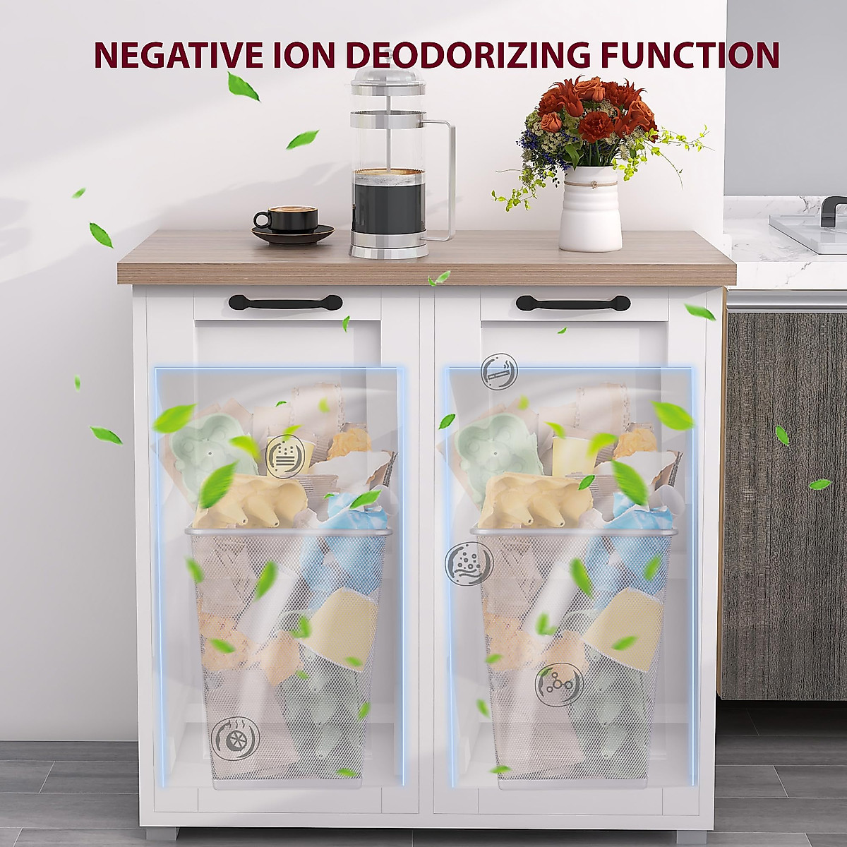 Prapark White Double Tilt Out Trash Cabinet - Kitchen Garbage Can Free Standing Holder with Negative Ion and Deodorizing - Accommodates 2 x 10-Gallon Trash Cans - Tilt Out Laundry Hamper Cabinet