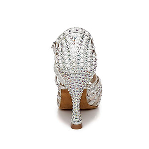 SWDZM Rhinestone Latin Dance Shoes for Women Ballroom Salsa Chacha Professional Performance Practice Dancing Shoes,YCL429-White-7.5,US 7