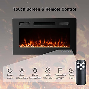 36 Inch Electric Fireplace Inserts, Quiet Wall Mounted Fireplace, Led Fireplace for Living Room, Recessed Electric Fireplace, Linear Fireplace, Logs & Crystal, 750/1500W