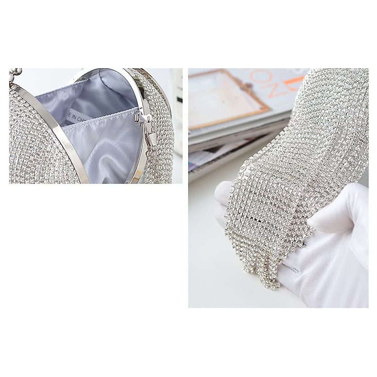 UMREN Women Round Ball Crystal Evening Clutch Purse Tassel Wedding Party Hand Bags Silver