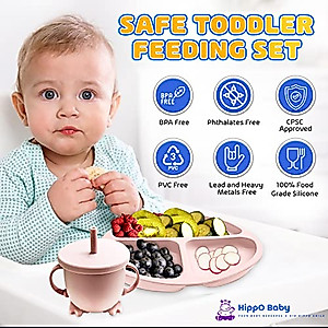 HippoBaby Silicone Baby Feeding Set | 10 Piece Baby Led Weaning Supplies | Toddler Plates Bowls Set with suction | Self Feeding Spoons | Plates for Baby Utensils | Toddler Feeding Supplies