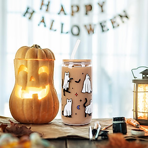 Halloween Glass Cups, 18oz Halloween Cute Ghost Cat Glass Cup w/Lids Straws, Halloween Tumbler Mug, Halloween Spooky Gifts, Boo basket stuffers, With Halloween Car Coasters and Keychain Wristlet