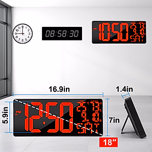 [Oversized] 18" Large Digital Wall Clock with Remote Control, Auto-Dimming Digital Clock Large Display with Date/Temp/Week, DST, Alarm, 5.9”Jumbo Numbers Large Digital Clock for All Large Spaces Use