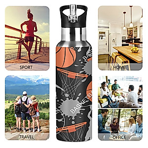Basketball Football Sports Kids Water Bottle Thermos with Straw School Vacuum Insulated Stainless Steel Thermos Bottle Cup Leakproof Sport Travel Cup Mug Handle for Boys Man Women 20 OZ
