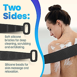 Silicone Back Scrubber for Shower- 36 Inches Back Body Brush Extra Long for Exfoliating & Massaging Hygienic Back Washer with Handle, Shower Silicone Back Scrubber for Men and Women, Black.