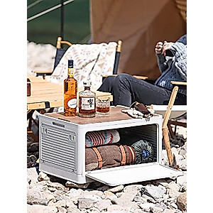 Radefasun Foldable Storage Bins with Wood Lids Plastic Collapsible Storage Box with Cutting Board Portable Stackable Grocery Container Folding Latching Storage Crate with Removable Pulley (S, White)