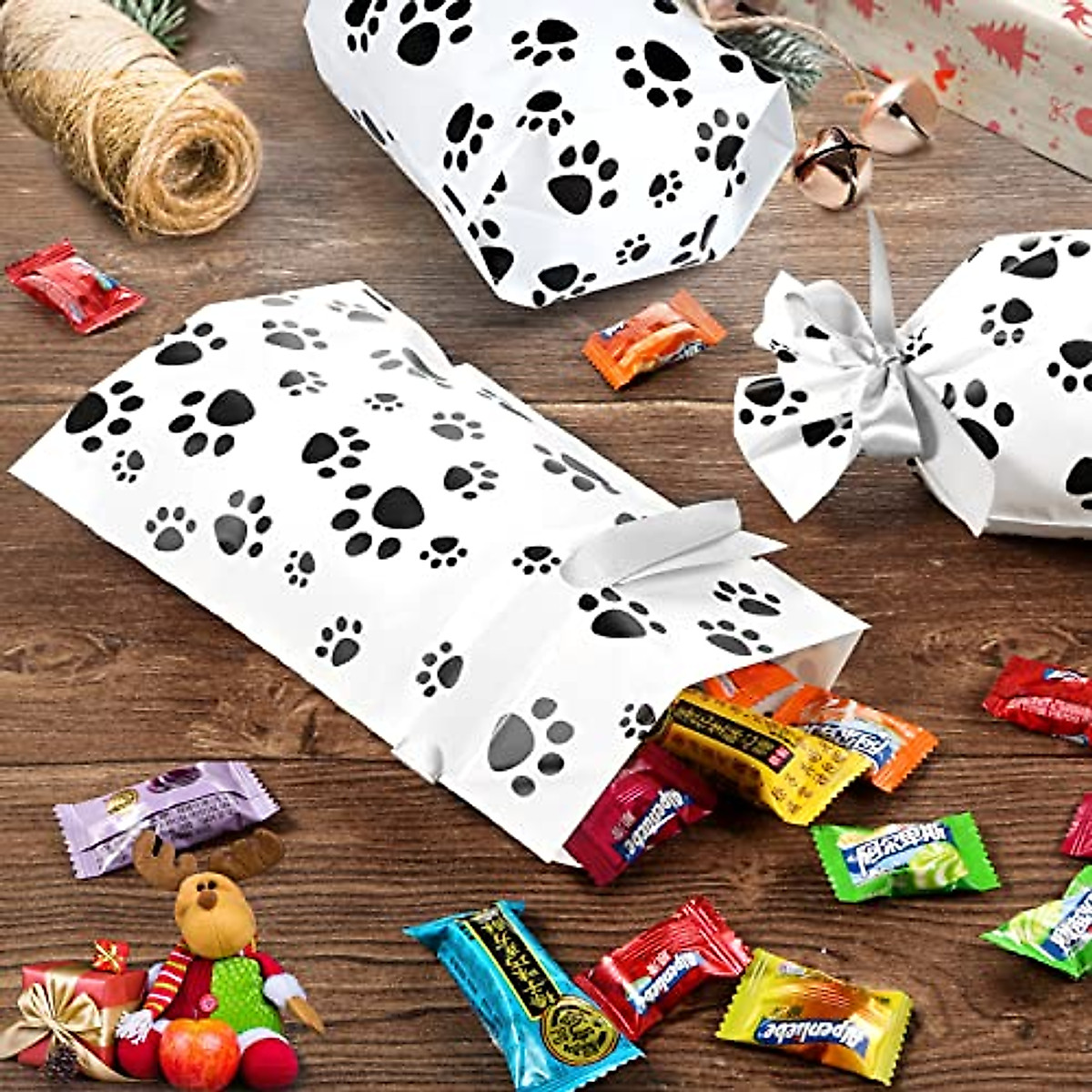 YIDAKO 50 Pieces Paw Print Goodie Bags, Plastic Dog Gift Bags With Drawstring, Treat Candy Bags For Dog Cat Theme Party Favors and Boys Girls Birthday Party Supplies Decorations, 9× 6 Inch