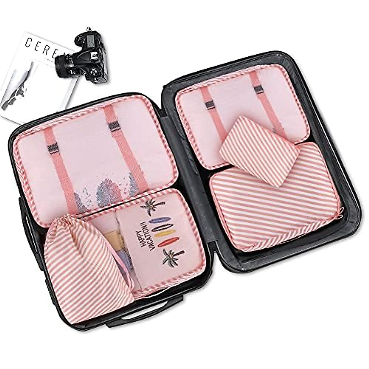 DIMJ Travel Packing Cubes, Luggage Packing Cubes Set with Sturdy Handle Luggage Cubes for Packing Lightweight Travel Clothes Organizer with Makeup Bag, 8 Pack (Pink Stripe)