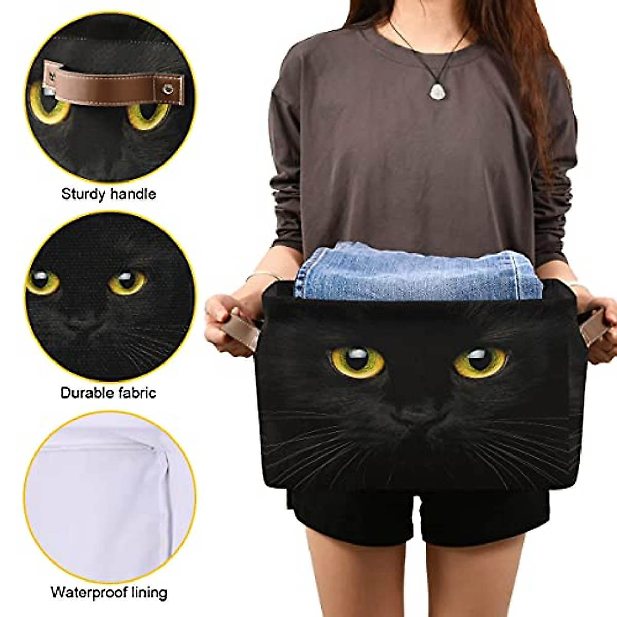 TropicalLife Rectangular Storage Bin Cube Funny Animal Black Cat Foldable Organizer Basket with Handles, Collapsible Storage Box for Kids Toy Shelf Closet Nursery