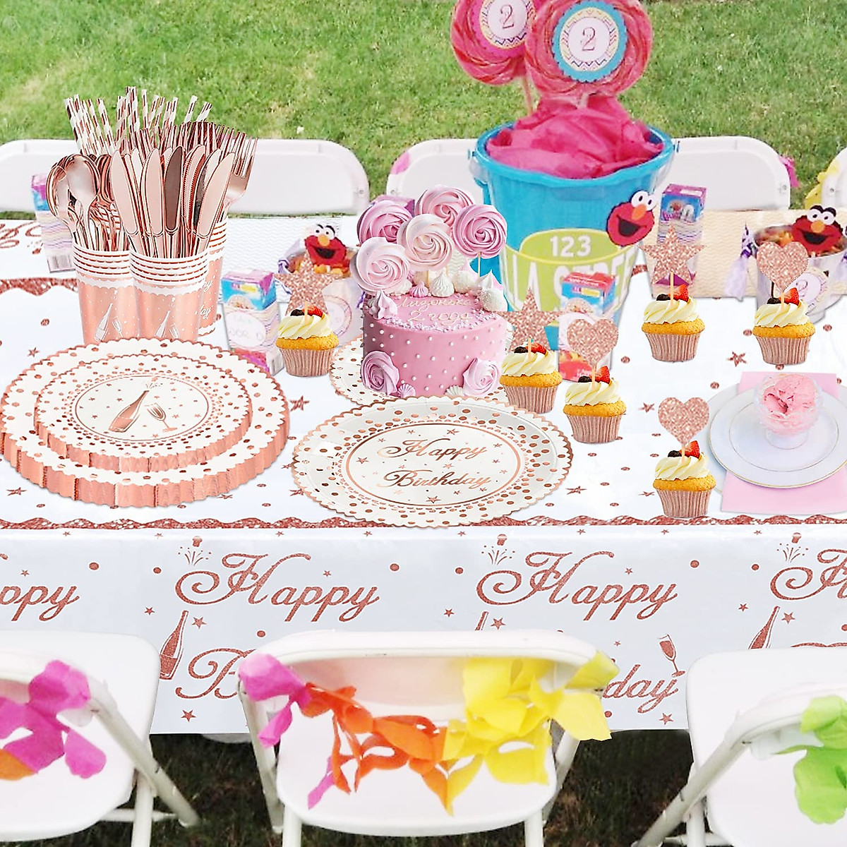 229 Pack Rose Gold & White Party Supplies Rose Gold Birthday Party Decorations Happy Birthday Dinnerware Set Rose Gold Paper Plates, Balloons, Tableclothes, Banner, Garland, Napkin, Cups Serves 20