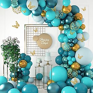 Amandir 168PCS Teal Balloons Garland Arch Kit, Double-Stuffed Dark Teal Blue Turquoise Metallic Gold Green Balloons with 12Pcs Butterfly for Birthday Wedding Baby Shower Party Decorations