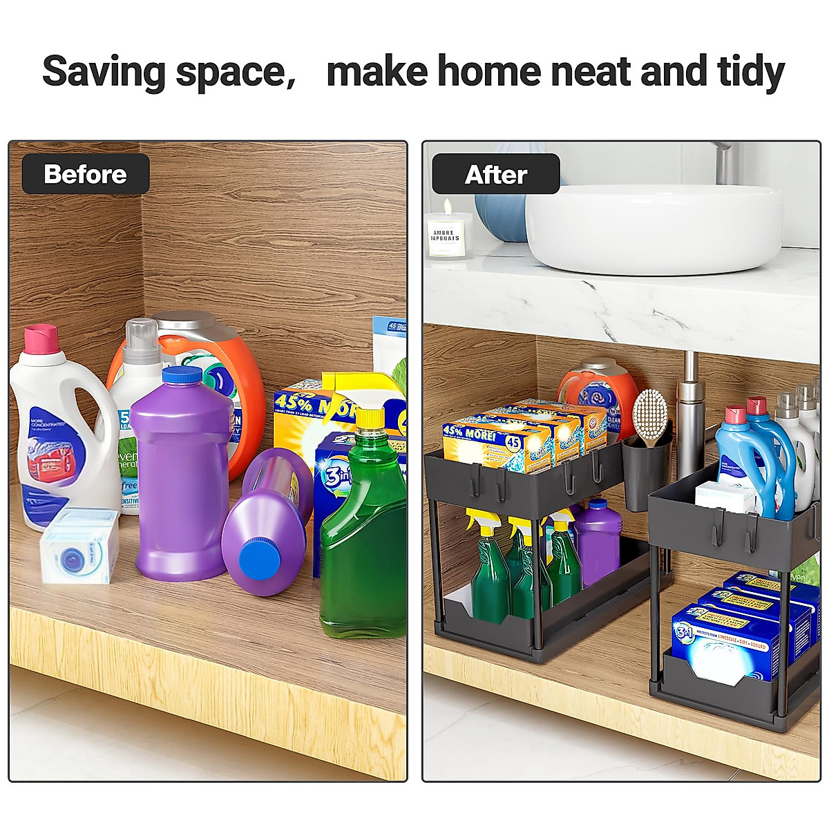 Puricon 2 Pack Under Sink Organizers and Storage Pull Out Sliding Drawer, 2 Tier Multi-purpose Kitchen Under the Sink Organizer Under Bathroom Sink Shelf Storage Rack for Countertop Laundry -Black