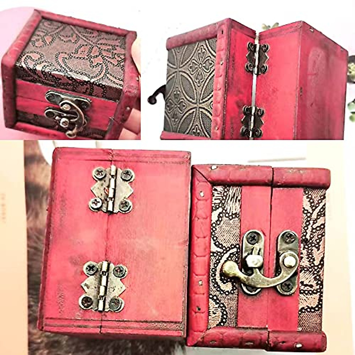 Markeny Jewelry Box Vintage Handmade Box with Mini Metal Lock, 4 Styles Pattern Wooden Rings Case Box, Square