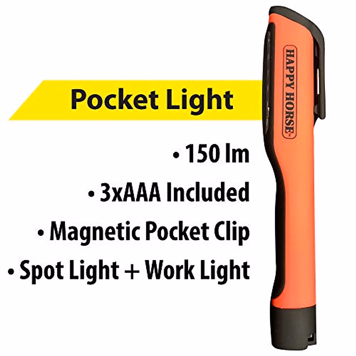 HARRIS FAMOUS ROACH TABLETS Happy Horse Work Flashlight, 150 Lumen LED, Magnetic Clip, 3xAAA Batteries Included, Bright LED Flashlight