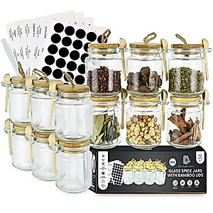 DESIGN INN 12 Airtight Glass Spice Jars with Bamboo Lids - 8oz Empty Spice Bottles Containers, 100 White, Spice Jars With Label & Spoon, 40 Black Labels And Pen, Spice Containers