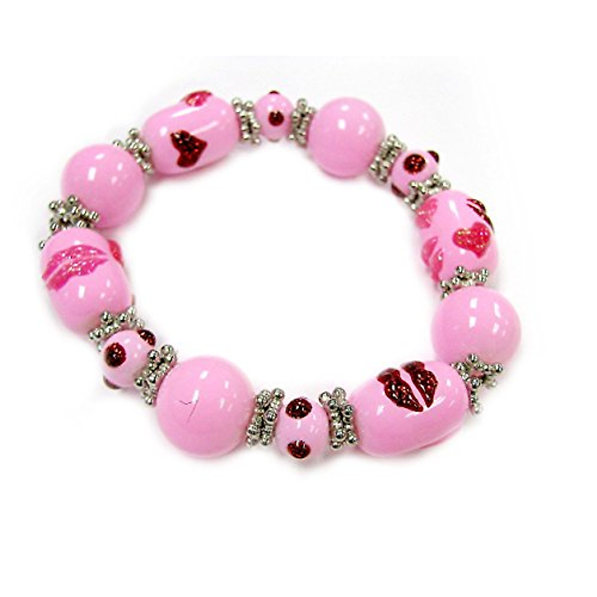 Glass Beaded Bracelet for Women, Pink Lips Kiss Hearts Beads Jewelry, Valentine Mother's Day Gift for Her, 1 pc