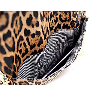 Trendeology Fashion PU Leather 2 Way Flap Clutch Wristlet Bag with Chain Shoulder strap (1Leopard Print - 1Tan)