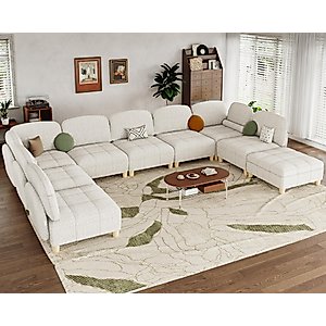 LLappuil Modular Sectional Sofa U Shaped Sectional Modular Sofa with Storage Convertible Modular Sectional Couch for Living Room, Removable Teddy Velvet 9 Seater Couch with Coffee Table, Beige