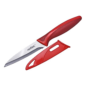 Zyliss Classic Paring Knife Set with Sheath Cover - Precision Knife for Cutting, Slicing & Peeling - Small Culinary 3 ¼” Paring Knife & 3 ¾” Serrated Knife - Carbon Stainless Steel Blade - Red/Green