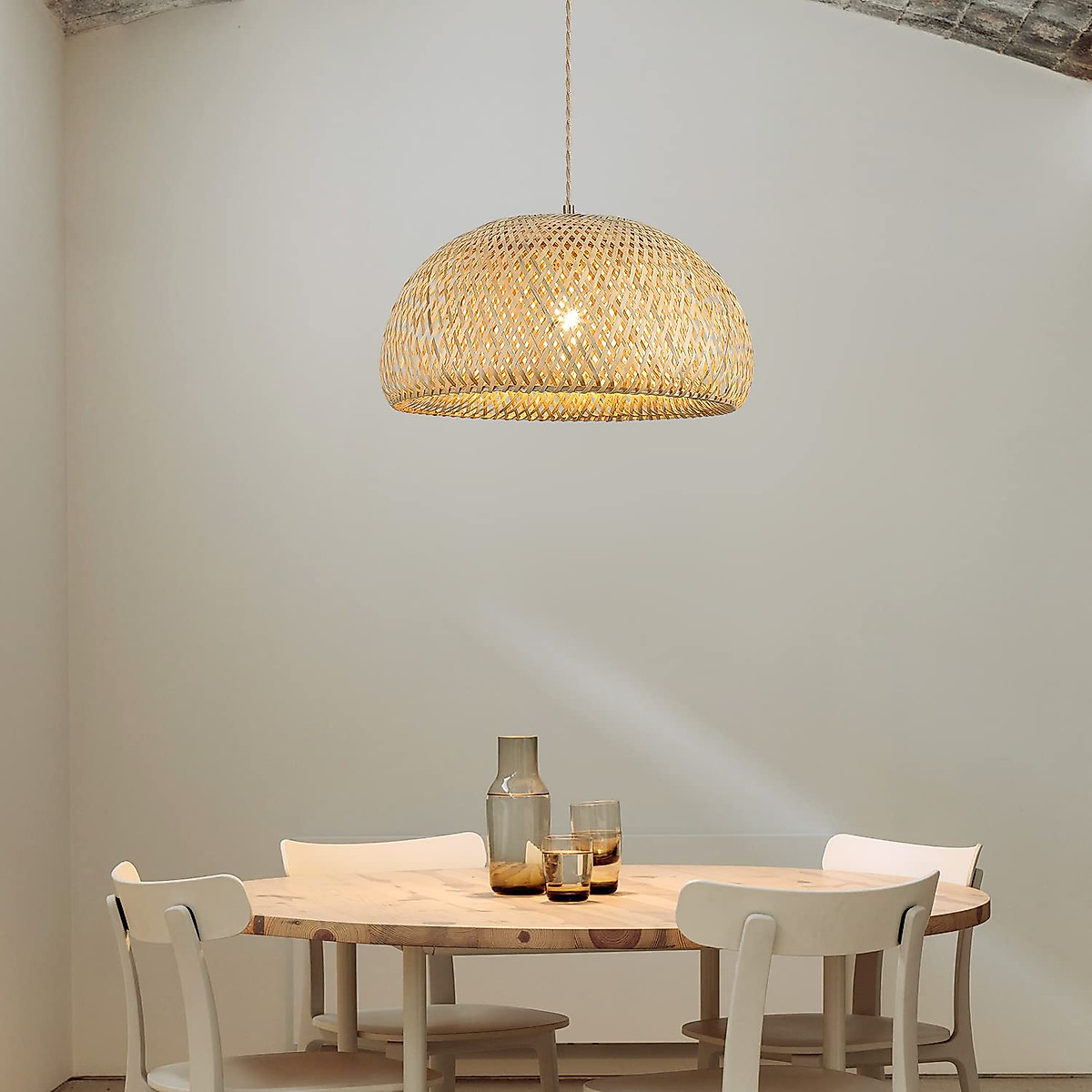 Hchunqjor Bamboo Large Pendant Light Fixture 17.8 inch One-Light Adjustable Rustic Basket Handmade Woven Pendant Lighting for Kitchen Island Farmhouse Dining Room Living Room