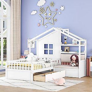Twin Size House Bed Frame for Boys Girls Kids Adults Toddler with Sofa, Kids Platform Bed with Two Drawers and Storage Shelf, White