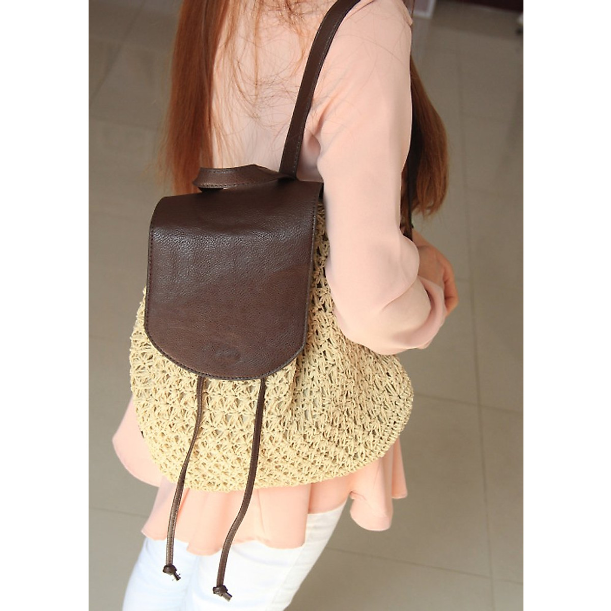 TONWHAR® Paper String Woven Purse Straw Backpack for Beach (Beige)