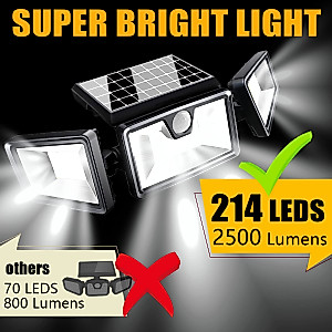 DooLv Security Solar Motion Lights Outdoor, 214 LEDs 1500LM Spot Flood Light-Wide Adjustable 360° 3 Heads with 3 Modes, Wireless Motion Sensor 35ft- IP65 Waterproof Solar Powered 2200mah (2 Pack)