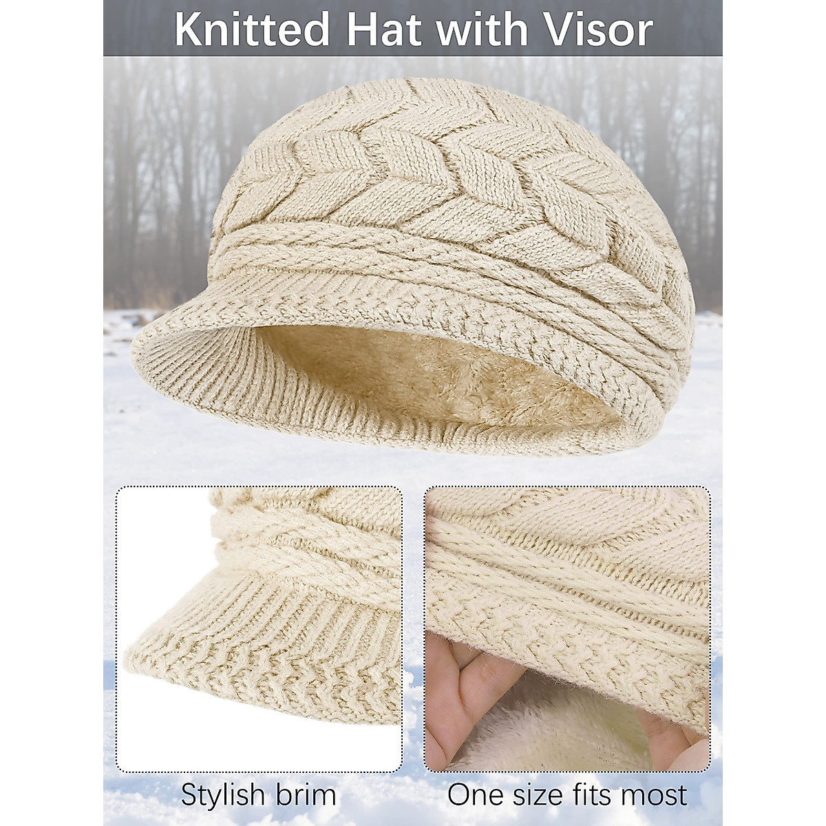 URATOT 3 Pieces Women Winter Hat Scarf Glove Set Warm Skull Beanie Hat with Visor Knitted Touch Screen Glove Scarf 3 In 1 Set