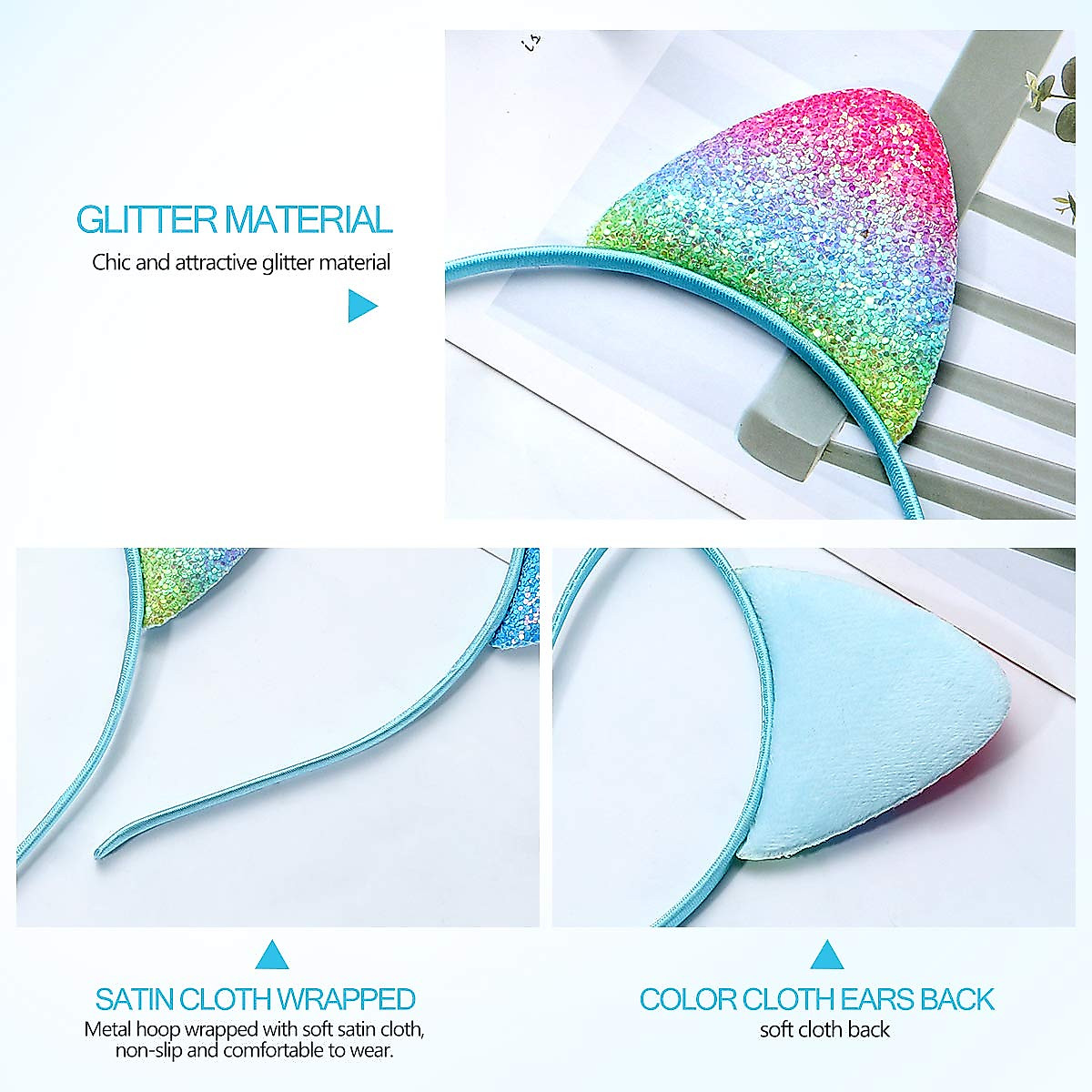 FRCOLOR Cat Ears Headband, Glitter Sequin Ear Headbands Metal Hair Hoops for Daily Party, 12Pack