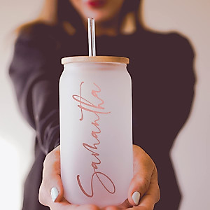 Personalized Tumbler Personalized Glass Tumbler with Birth Flower, Custom Glass Cup with Lids and Straws, Personalized Coffee Tumbler, Personalized Gift (Name Glass Tumbler)