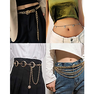 Tornito 6Pcs Multilayer Metal Hoop Link Waist Chain Belt Waistbands Butterfly Tassel Belly Bikini Body Thigh Hip Jewelry Side Pant Chain Belt for Women