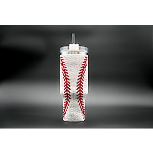 SEM LIFE 40 Oz Rhinestone Bling Tumbler Cup with Handle and Straw (BASEBALL), Stainless Steel and Double Wall Insulated