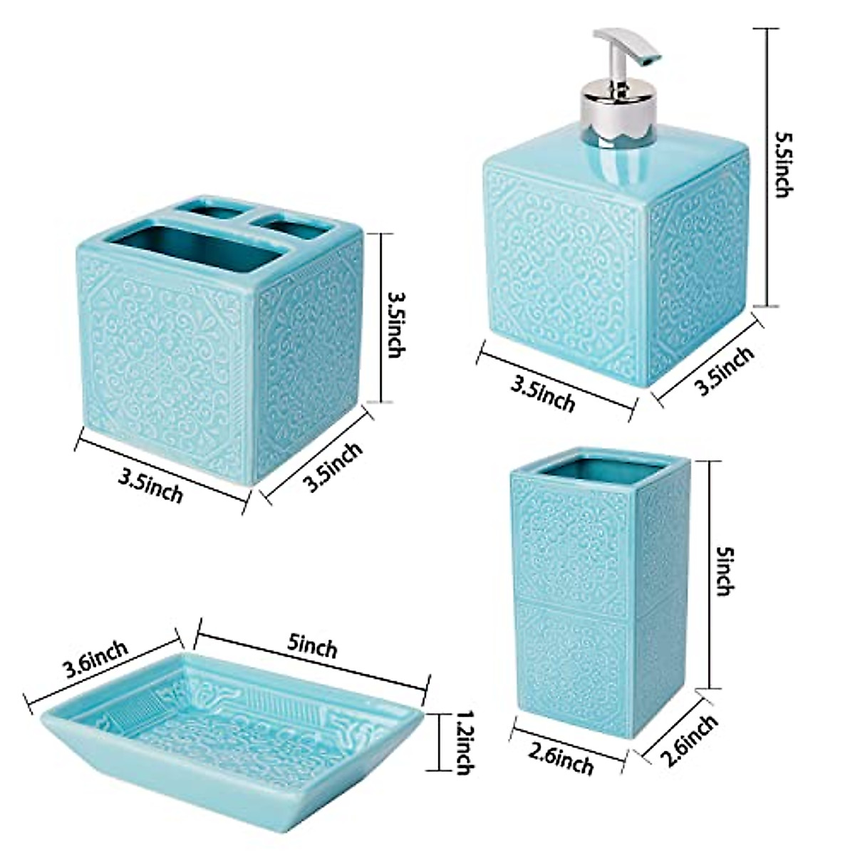 Blue Teal Bathroom Accessory Set,4 Pcs Bathroom Soap Dispenser Set Hand Pump Soap Dispenser, Vanity Countertop Accessory Set-Bathroom Soap Dispenser Set,Toothbrush Holder Set, with Soap Dish,Tumbler.