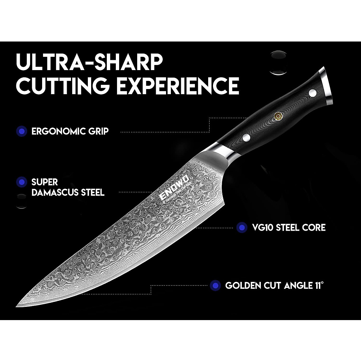 enowo Damascus Knife Set 3 PCS,Razor Sharp Kitchen Knives Made of Japanese Damascus Steel VG10, Well-Balanced Damascus Chef Knife set with Premium G10 Full Tang Handle Triple Rivet Gift Box