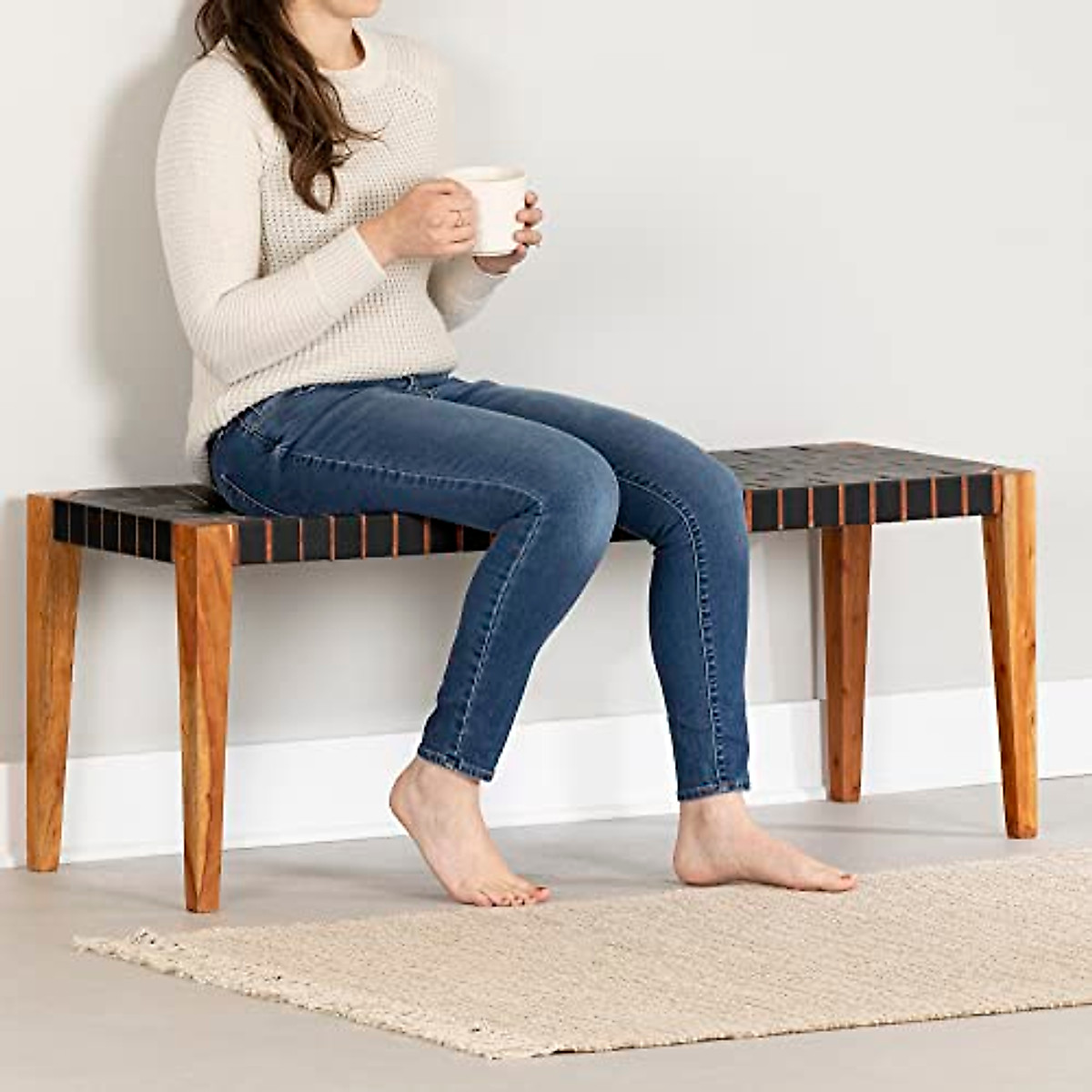 South Shore Balka Woven Leather Bench, Matte Black