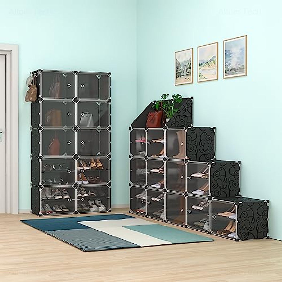 NiHome 24-Pair Shoe Organizer Cabinet with Doors and Top Shelf, Stackable, Expandable and Free-Standing Plastic Storage Rack for Entryway, Closet, Garage, Bedroom, Hallway and Office