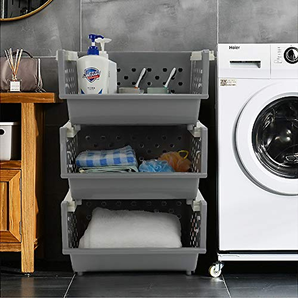 Ggbin 3-Pack Plastic Stackable Storage Bins, Gray Multi-functional Stacking Basket